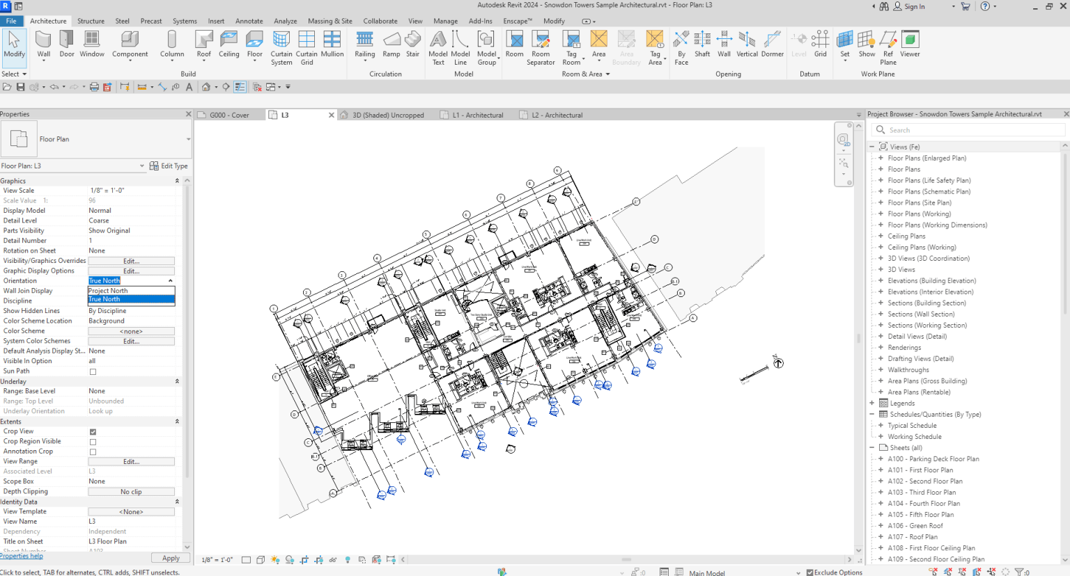 شمال پروژه (Project North) و شمال واقعی (True North) در Revit